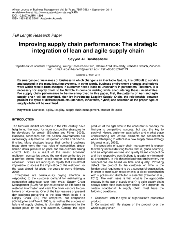(PDF) Improving supply chain performance: The strategic integration of lean and agile supply chain