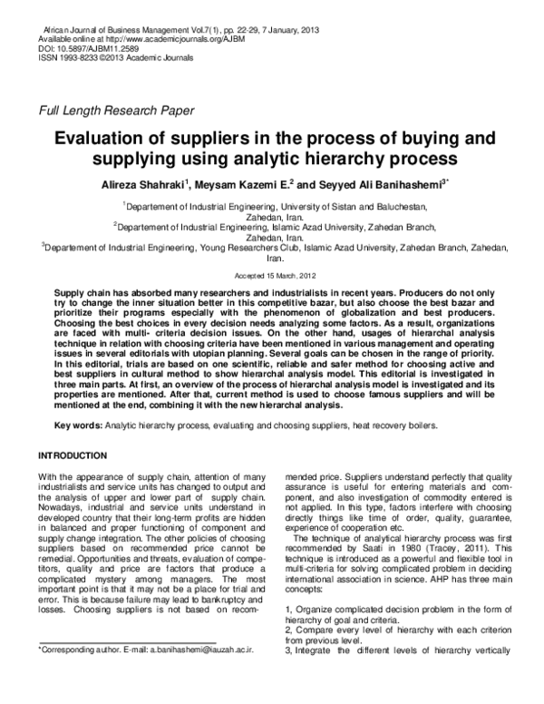 (PDF) Evaluation of suppliers in the process of buying and supplying using analytic hierarchy ...