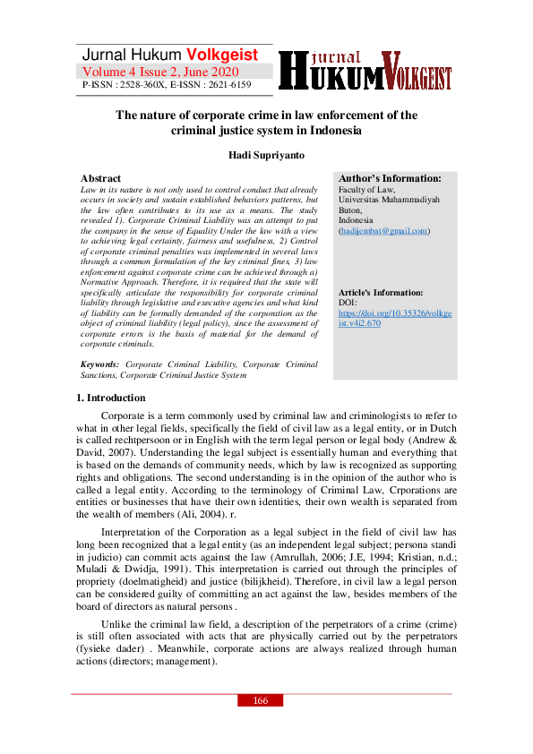 (PDF) The nature of corporate crime in law enforcement of the criminal justice system in Indonesia