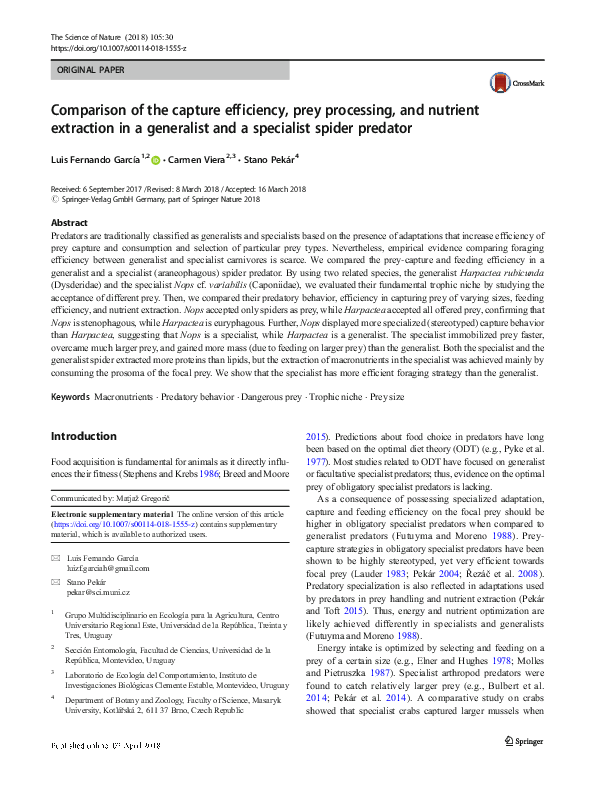 Pdf Comparison Of The Capture Efficiency Prey Processing And Nutrient Extraction In A