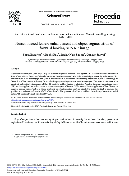 (PDF) Noise Induced Feature Enhancement and Object Segmentation of Forward Looking SONAR Image
