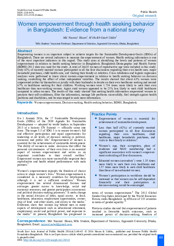 (PDF) Women empowerment through health seeking behavior in Bangladesh ...