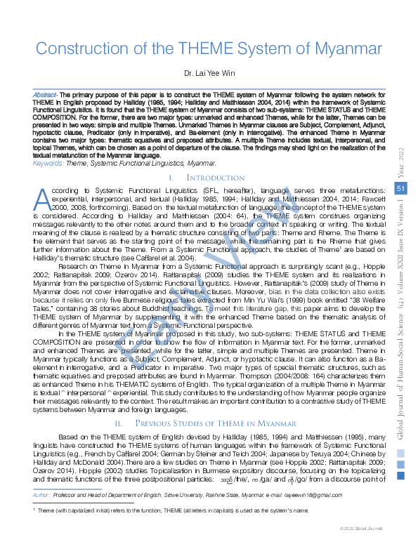 (PDF) Myanmar's THEME System in Systemic Linguistics