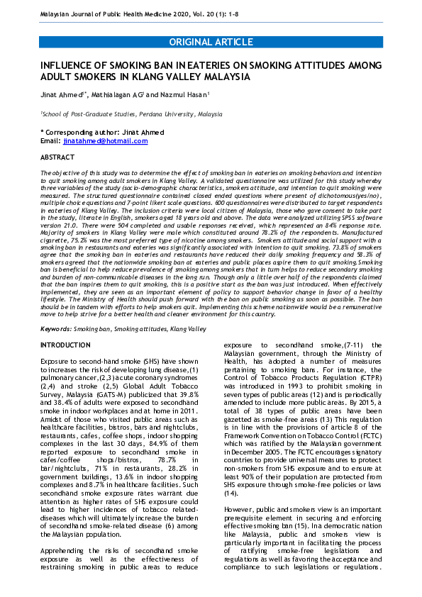 (PDF) Influence of Smoking Ban in Eateries on Smoking Attitudes Among ...