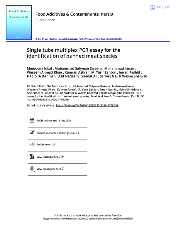 Pdf Single Tube Multiplex Pcr Assay For The Identification Of Banned Meat Species