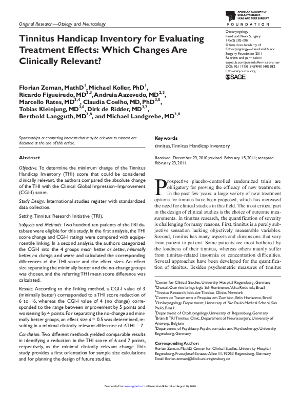 (PDF) Tinnitus Handicap Inventory for Evaluating Treatment Effects