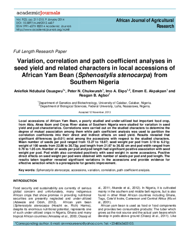 Pdf Variation Correlation And Path Coefficient Analyses In Seed Yield And Related Characters