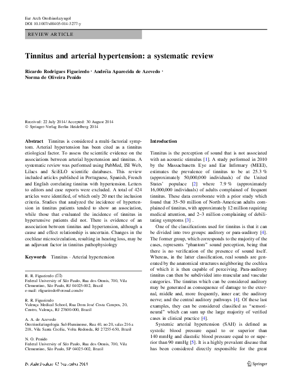 (PDF) Tinnitus and arterial hypertension: a systematic review
