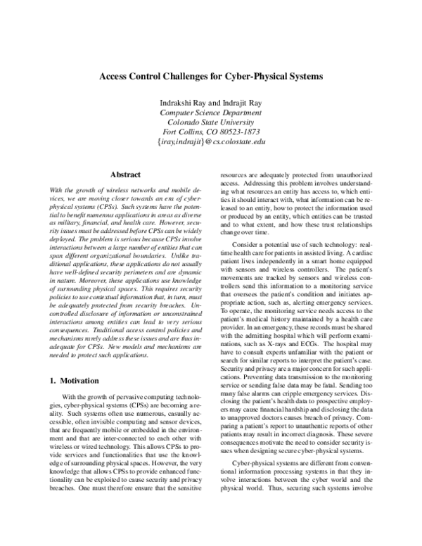 (PDF) Access Control Challenges for Cyber-Physical Systems