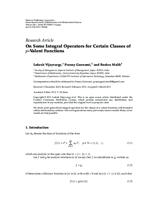 Pdf On Some Integral Operators For Certain Classes Of š Valent Functions Pranay Goswami