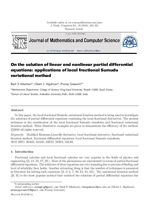 (PDF) On the solution of linear and nonlinear partial differential ...