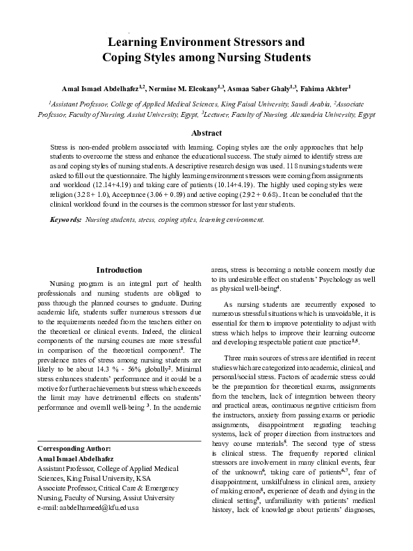 (PDF) Learning Environment Stressors and Coping Styles among Nursing Students