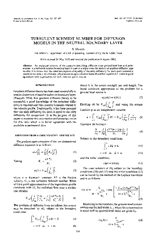 (PDF) Turbulent schmidt number for diffusion models in the neutral boundary layer