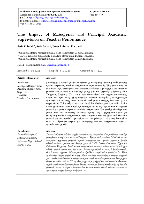 (PDF) The Impact of Managerial and Principal Academic Supervision on Teacher Performance