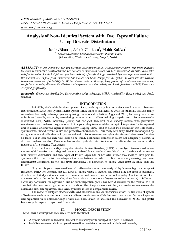 (PDF) Analysis of Non- Identical System with Two Types of Failure Using ... (PDF) Analysis of Non- Identical System with Two Types of Failure Using ...