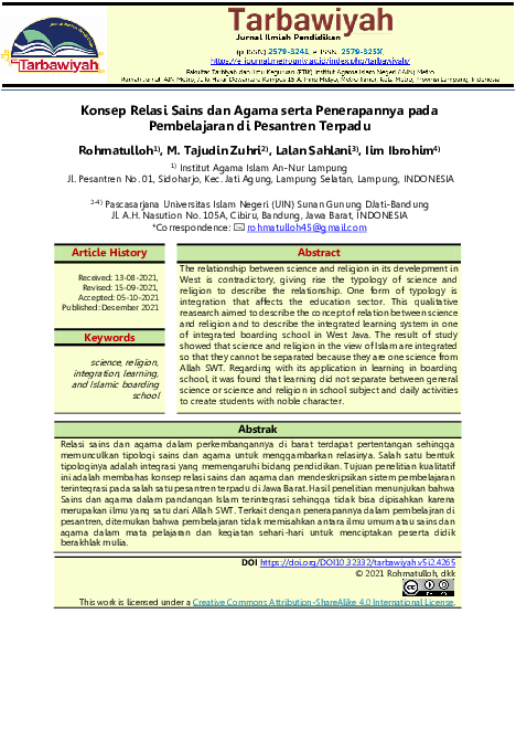 (PDF) Konsep Relasi Sains dan Agama serta Penerapannya pada Pembelajaran di Pesantren Terpadu