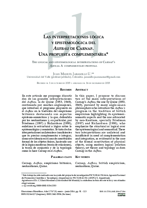 (PDF) Las interpretaciones lógica y epistemológica del Aufbau de Carnap. Una propuesta ...