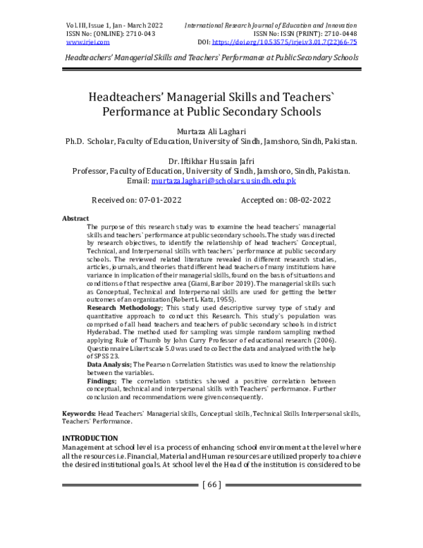 (PDF) Headteachers’ Managerial Skills and Teachers` Performance at Public Secondary Schools