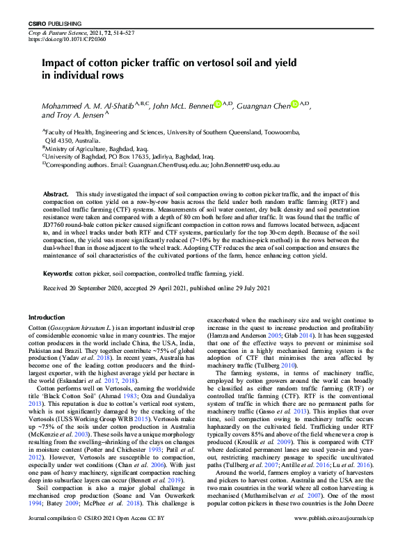 (PDF) Impact of cotton picker traffic on vertosol soil and yield in ...