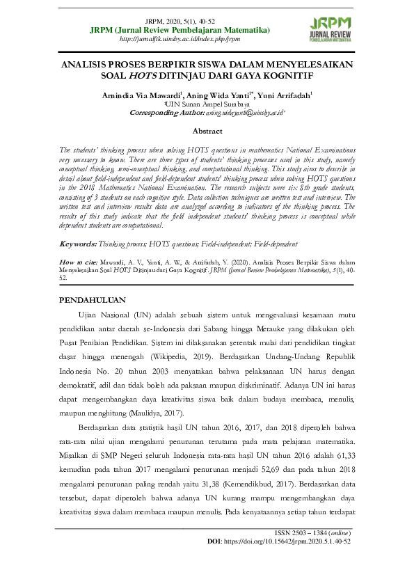 (PDF) Analisis Proses Berpikir Siswa dalam Menyelesaikan Soal HOTS Ditinjau dari Gaya Kognitif ...