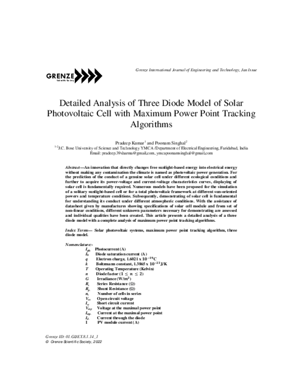 Pdf Detailed Analysis Of Three Diode Model Of Solar Photovoltaic Cell