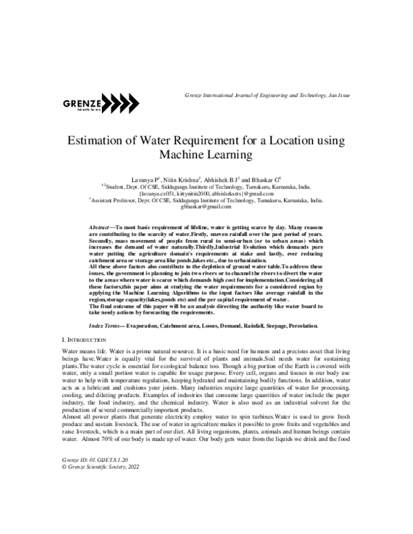 (PDF) Estimation of Water Requirement for a Location using Machine Learning