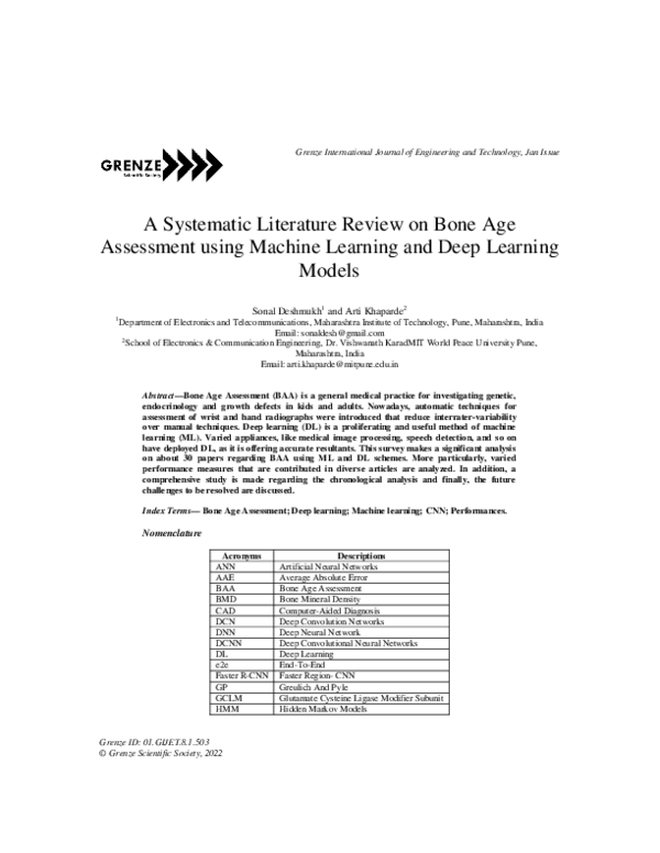 (PDF) A Systematic Literature Review on Bone Age Assessment using Machine Learning and Deep ...