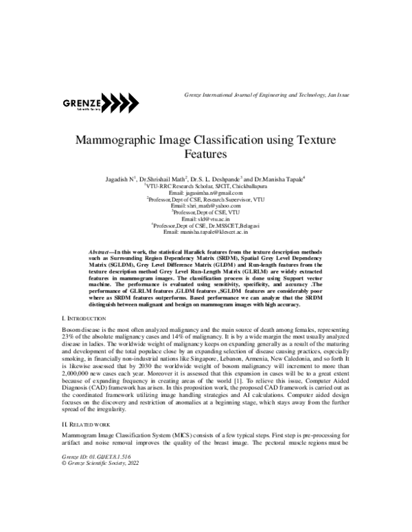 Pdf Mammographic Image Classification Using Texture Features 4322