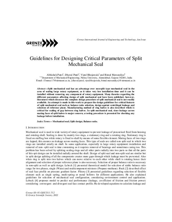 (PDF) Guidelines for Designing Critical Parameters of Split Mechanical Seal
