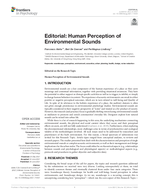 (PDF) Editorial: Human Perception of Environmental Sounds