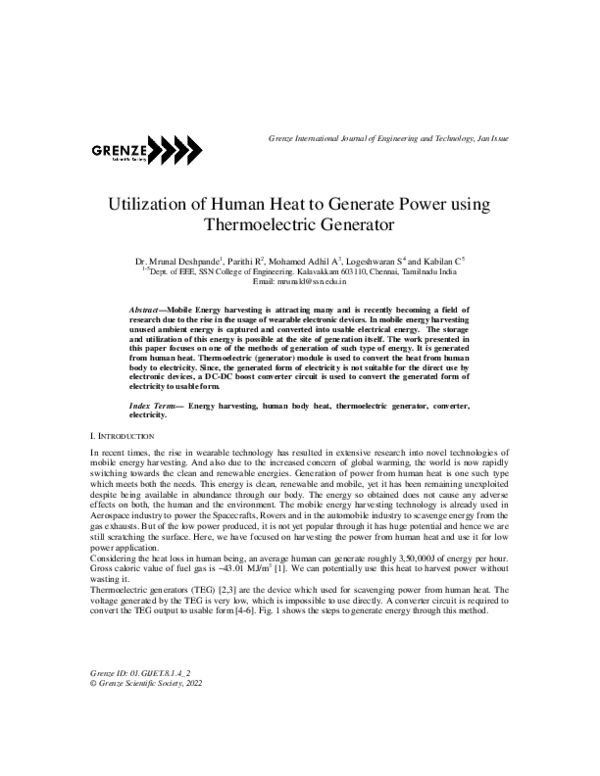 (PDF) Utilization of Human Heat to Generate Power using Thermoelectric ...