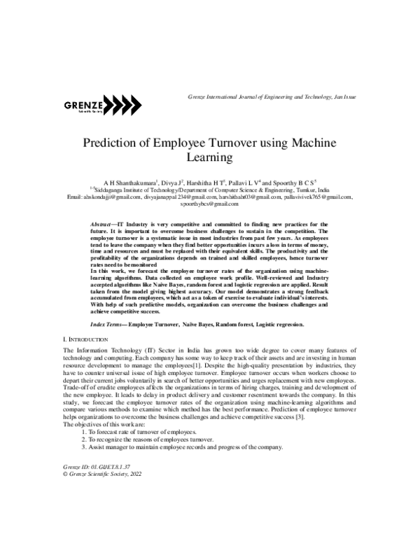 (PDF) Prediction of Employee Turnover using Machine Learning
