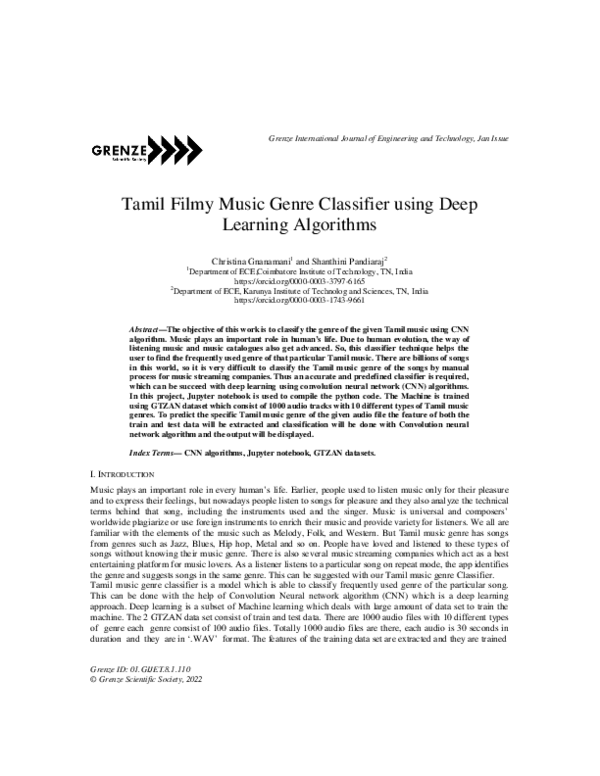 (PDF) Tamil Filmy Music Genre Classifier using Deep Learning Algorithms