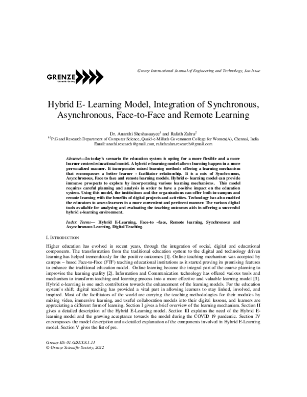 (PDF) Hybrid E-Learning Model, Integration of Synchronous, Asynchronous, Face-to-Face and Remote ...