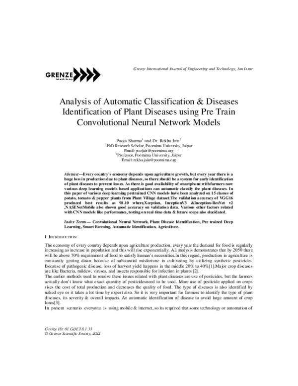 (PDF) Analysis of Automatic Classification & Diseases Identification of Plant Diseases using Pre ...