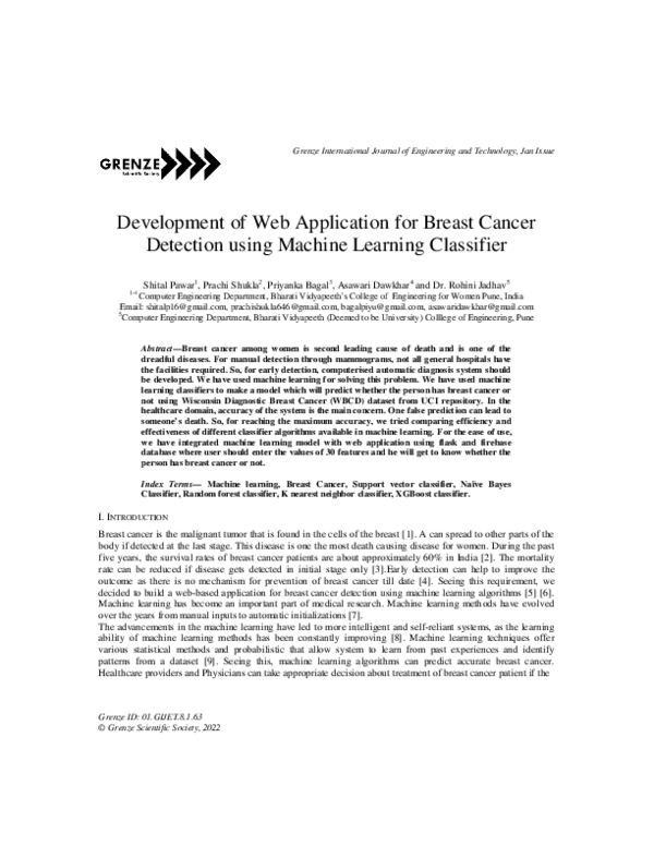 Pdf Development Of Web Application For Breast Cancer Detection Using
