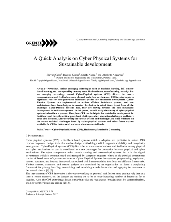 (PDF) A Quick Analysis on Cyber Physical Systems for Sustainable ...
