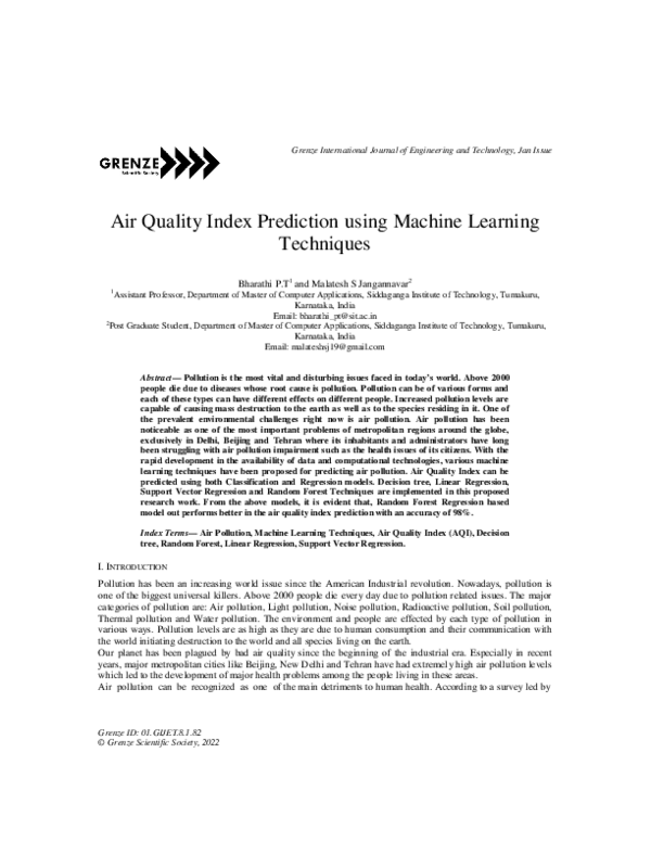 Pdf Air Quality Index Prediction Using Machine Learning Techniques