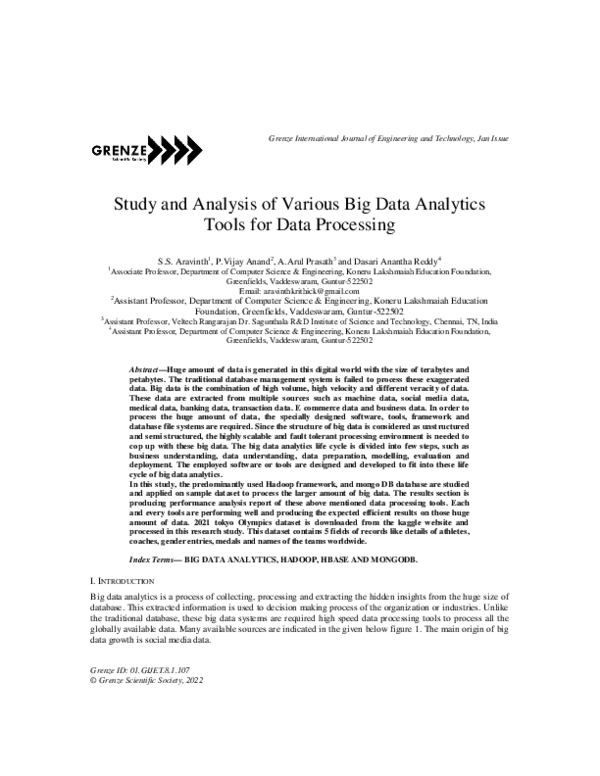 (PDF) Study and Analysis of Various Big Data Analytics Tools for Data Processing