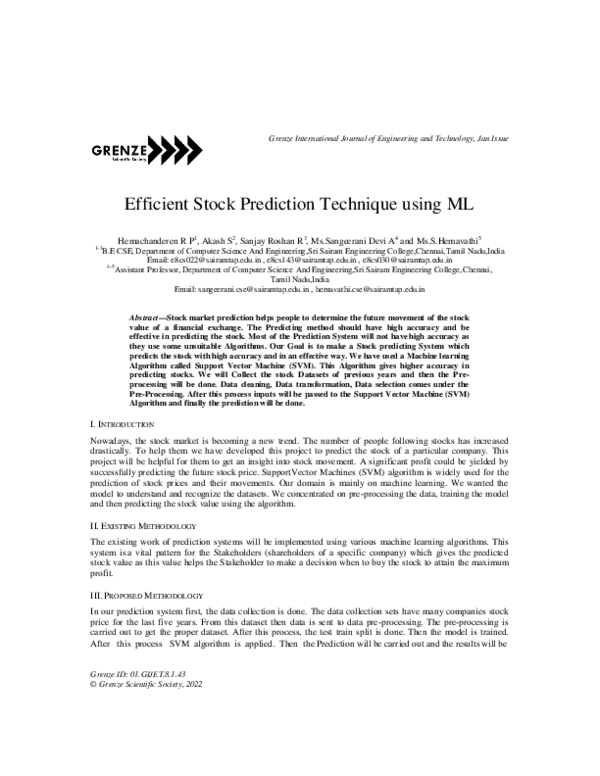 (PDF) Efficient Stock Prediction Technique using ML