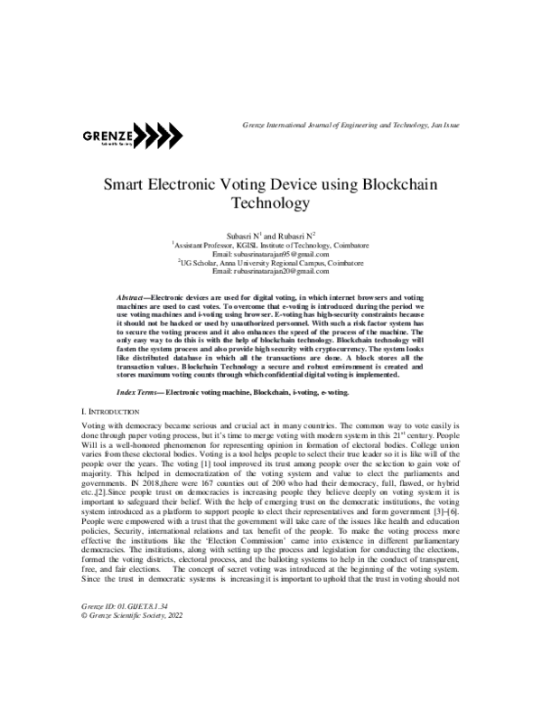 (PDF) Smart Electronic Voting Device using Blockchain Technology