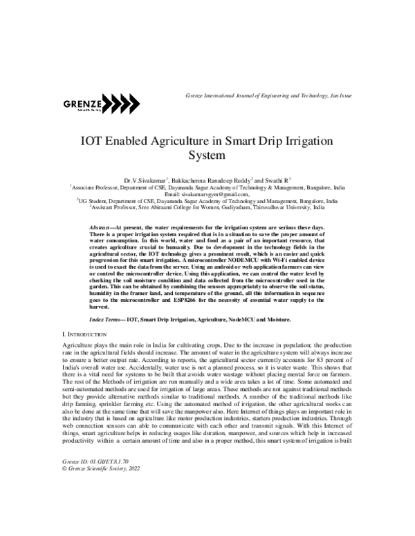 (PDF) IOT Enabled Agriculture in Smart Drip Irrigation System