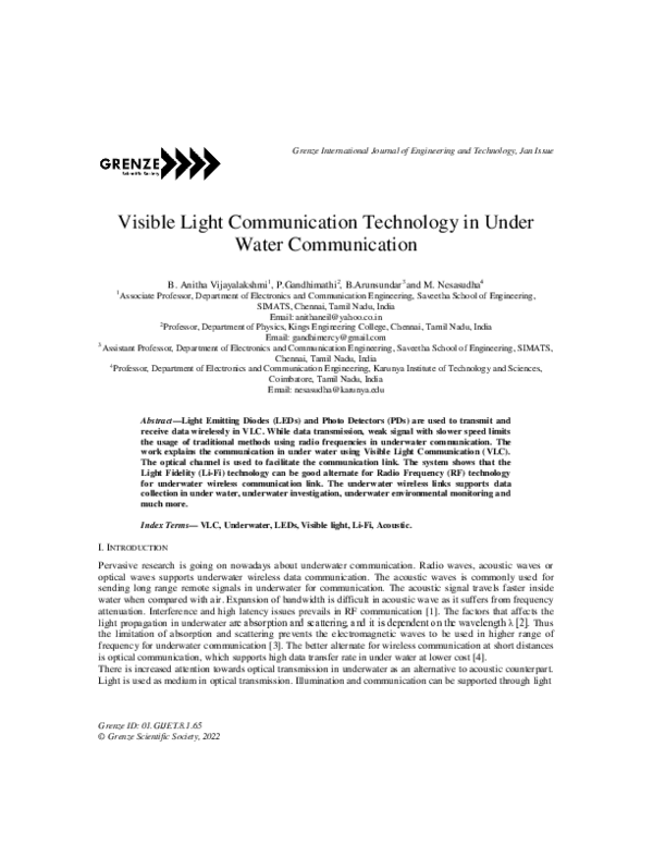 (PDF) Visible Light Communication Technology in Under Water Communication