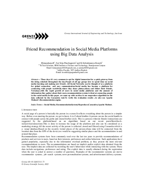 (PDF) Friend Recommendation in Social Media Platforms using Big Data ...