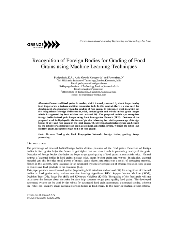 (PDF) Recognition of Foreign Bodies for Grading of Food Grains using ...