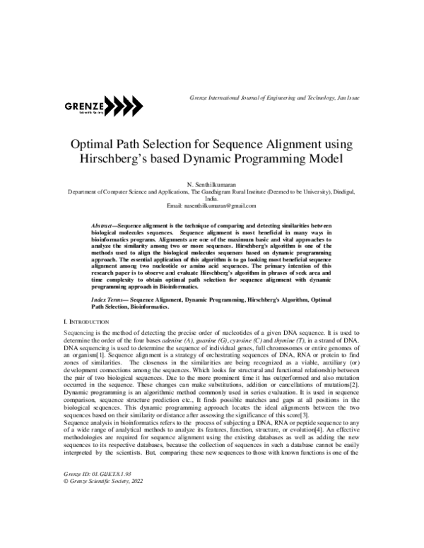 (PDF) Optimal Path Selection for Sequence Alignment using Hirschberg's based Dynamic Programming ...