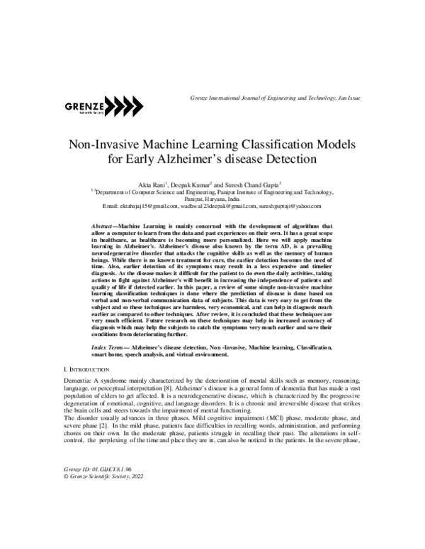 (PDF) Non-Invasive Machine Learning Classification Models for Early Alzheimer's disease Detection