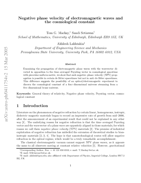 (PDF) Negative Phase Velocity of EM Waves in Cosmological Spacetimes