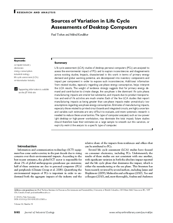 (PDF) Sources of Variation in Life Cycle Assessments of Desktop Computers