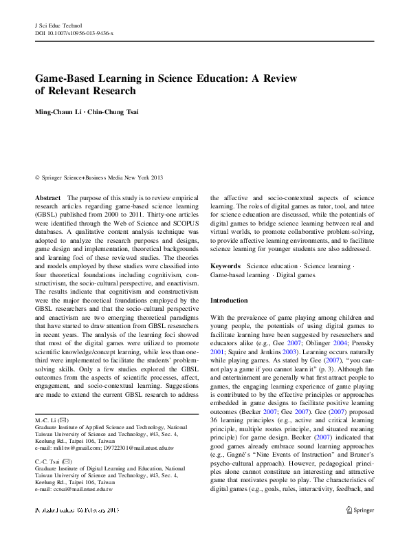(PDF) Game-Based Learning in Science Education: A Review of Relevant ...